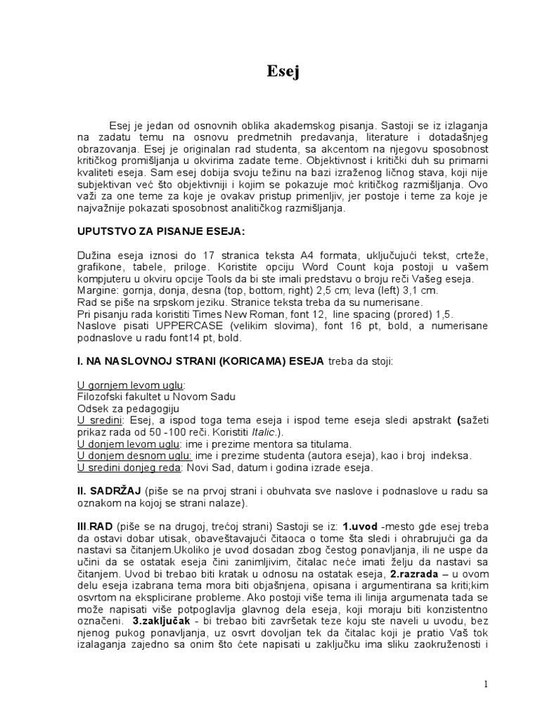 Uputstvo Za Pisanje Eseja