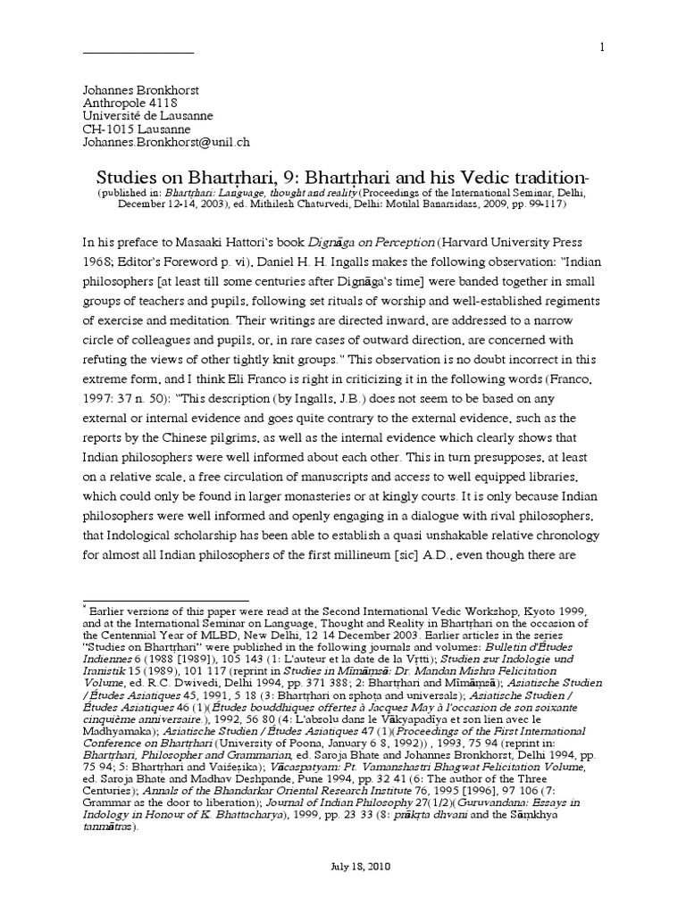 Bharthari and His Vedic Tradition PDF | PDF | Vedas | Brahman