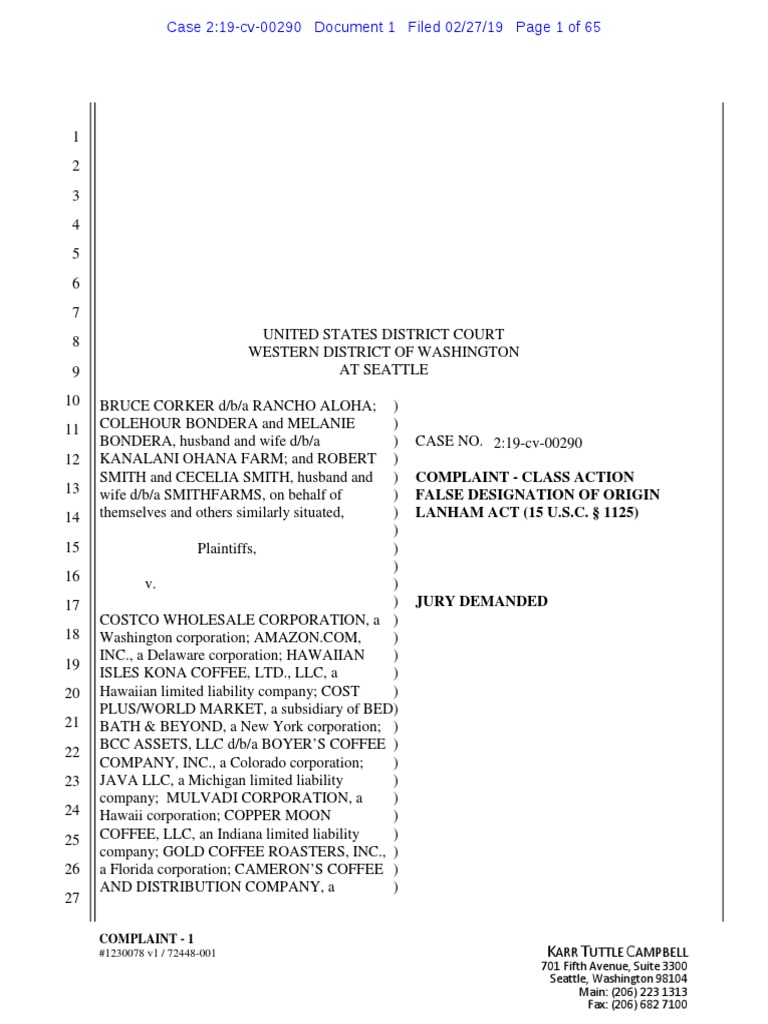 Corker v. Costco, 2:19-cv-00290 (W.D. Wash.) (Complaint, Filed Feb. 27 ...
