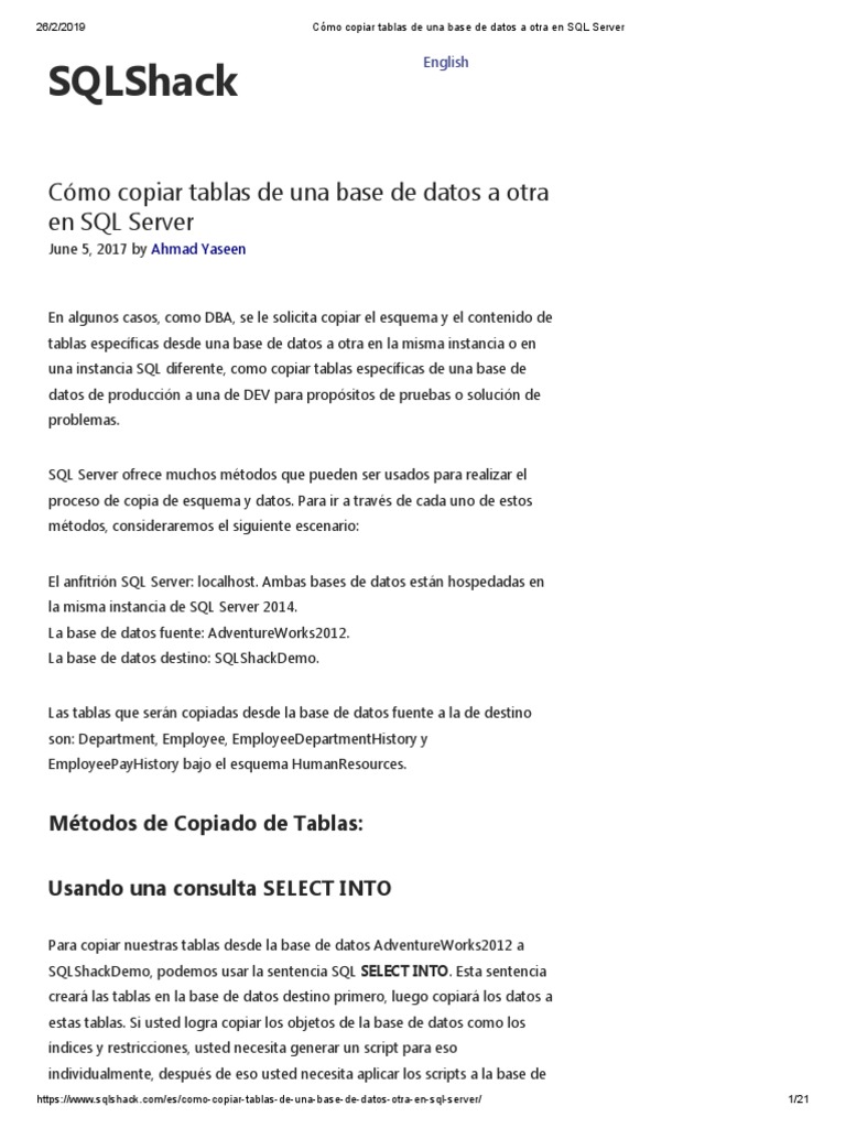 Cómo Copiar Tablas De Una Base De Datos A Otra En Sql Server Pdf Sql Servidor Sql De Microsoft