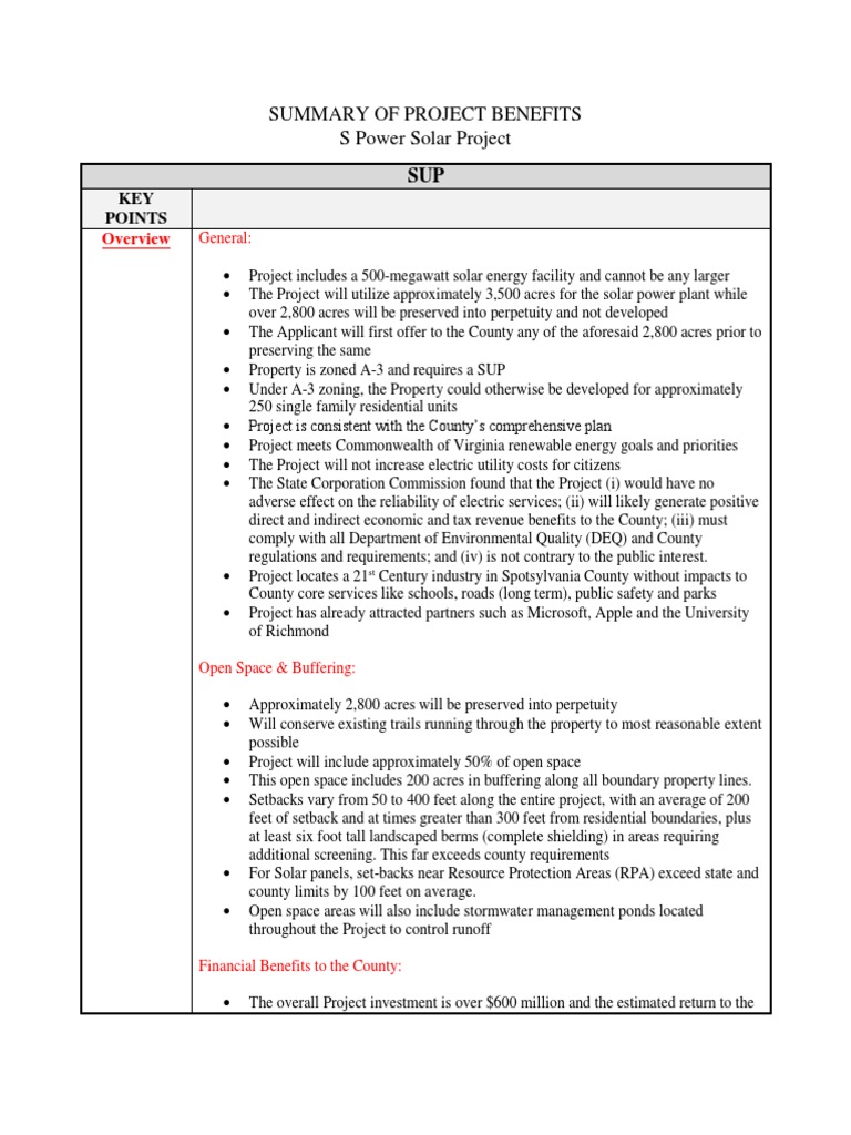 Summary of Project Benefits S Power Solar Project: KEY Points | PDF ...