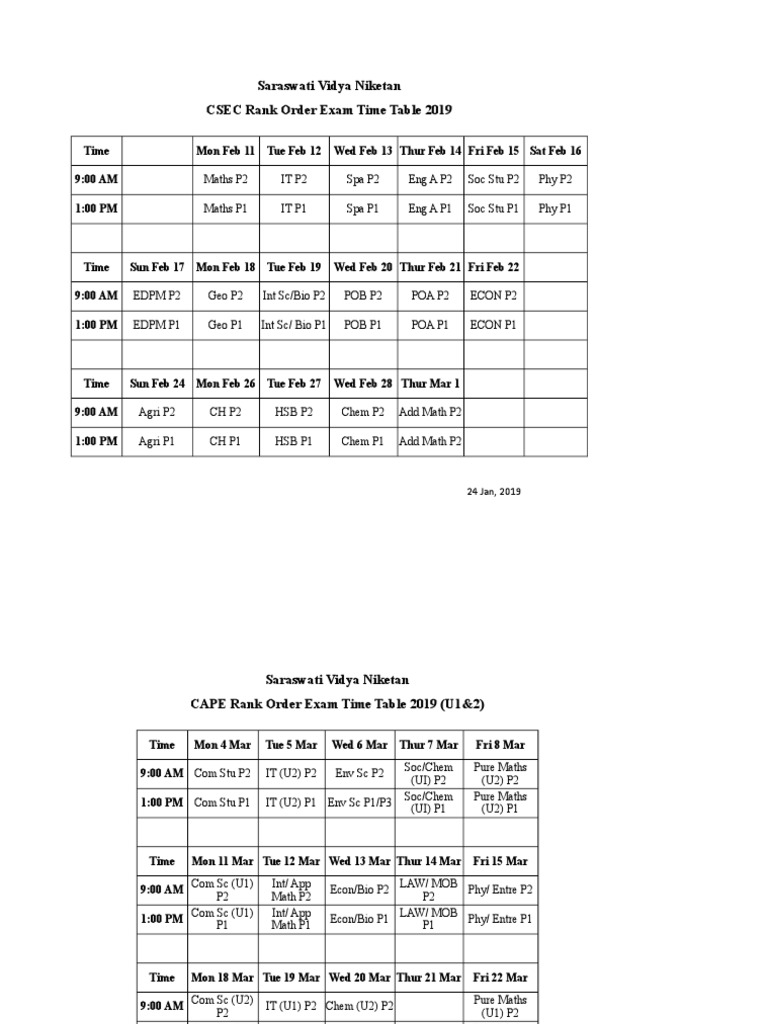 Saraswati Vidya Niketan CSEC Rank Order Exam Time Table 2019 | PDF