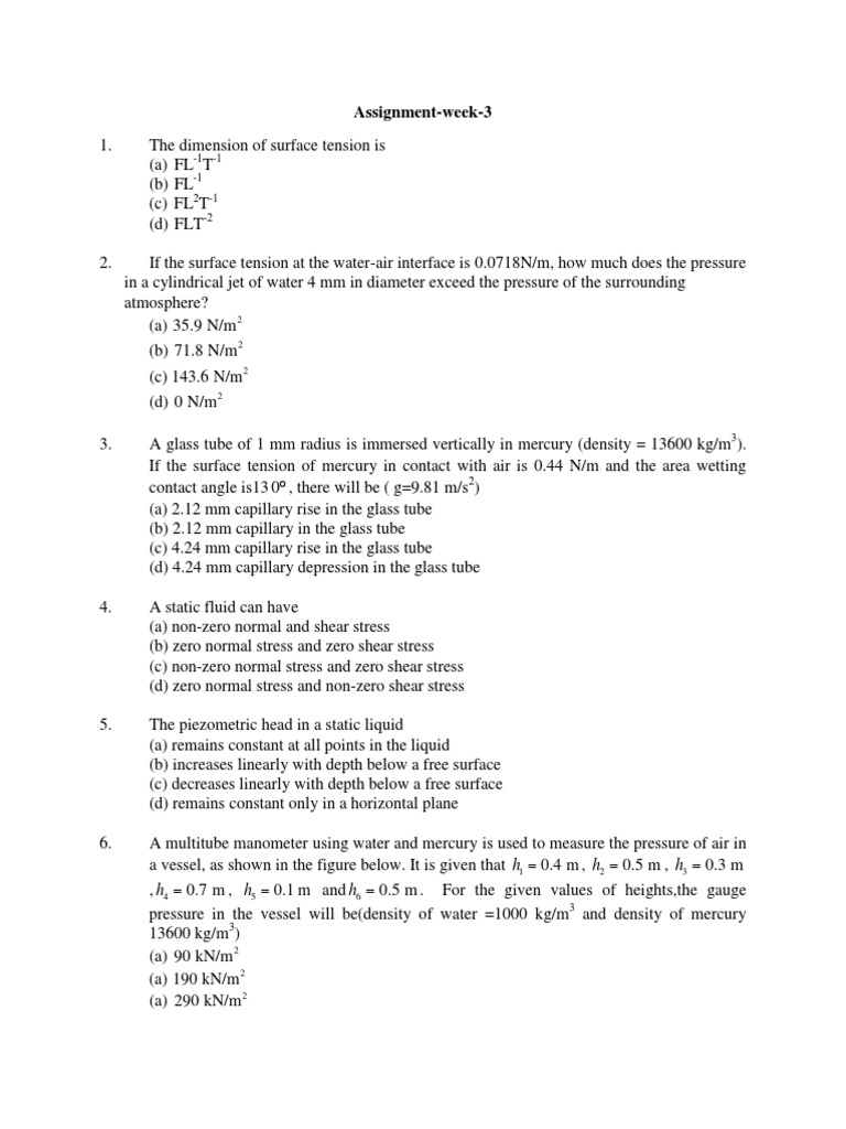Assignment Fluid Mechanics 3rd Week | PDF | Surface Tension | Pressure