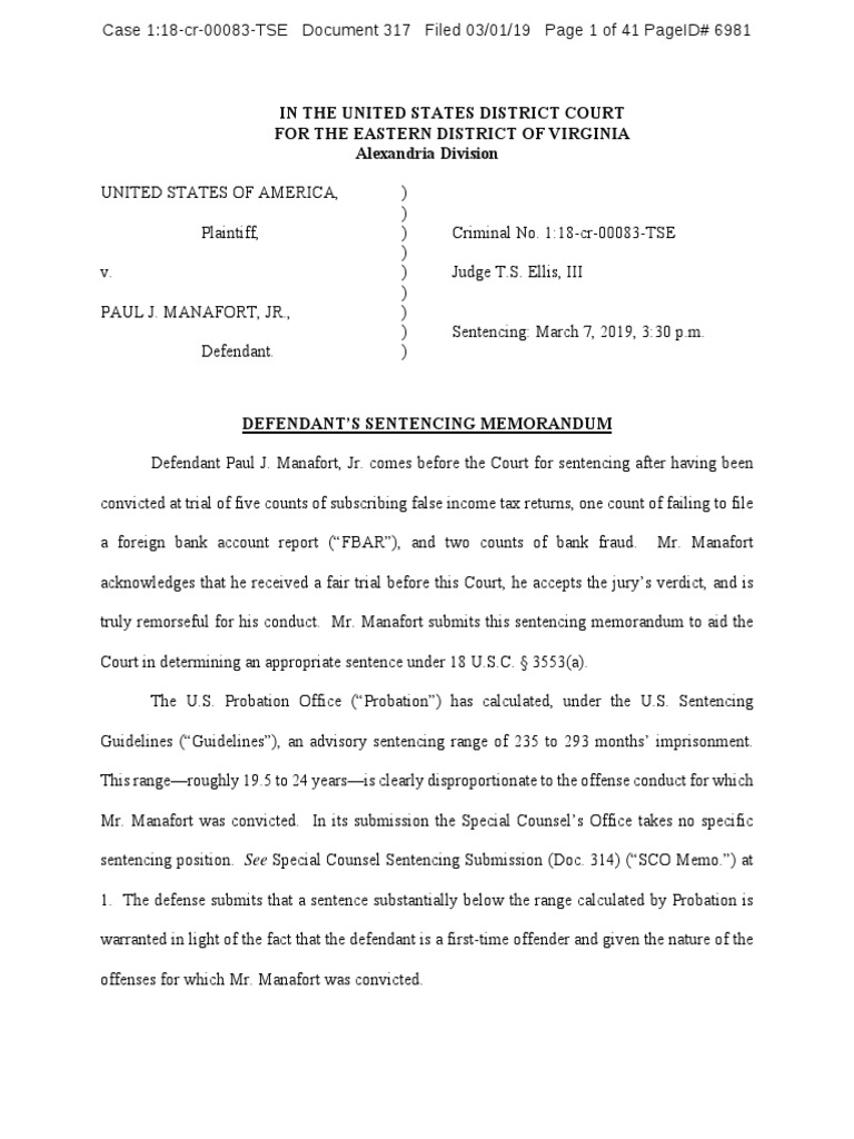 Manafort Files EDVA Sentencing Memo | PDF | Solitary Confinement | Prison