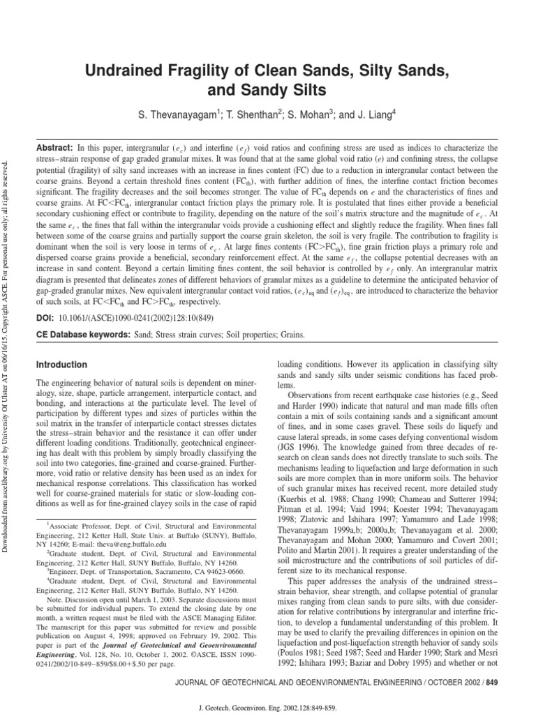 Undrained Fragility of Clean Sands, Silty Sands, and Sandy Silts | PDF ...