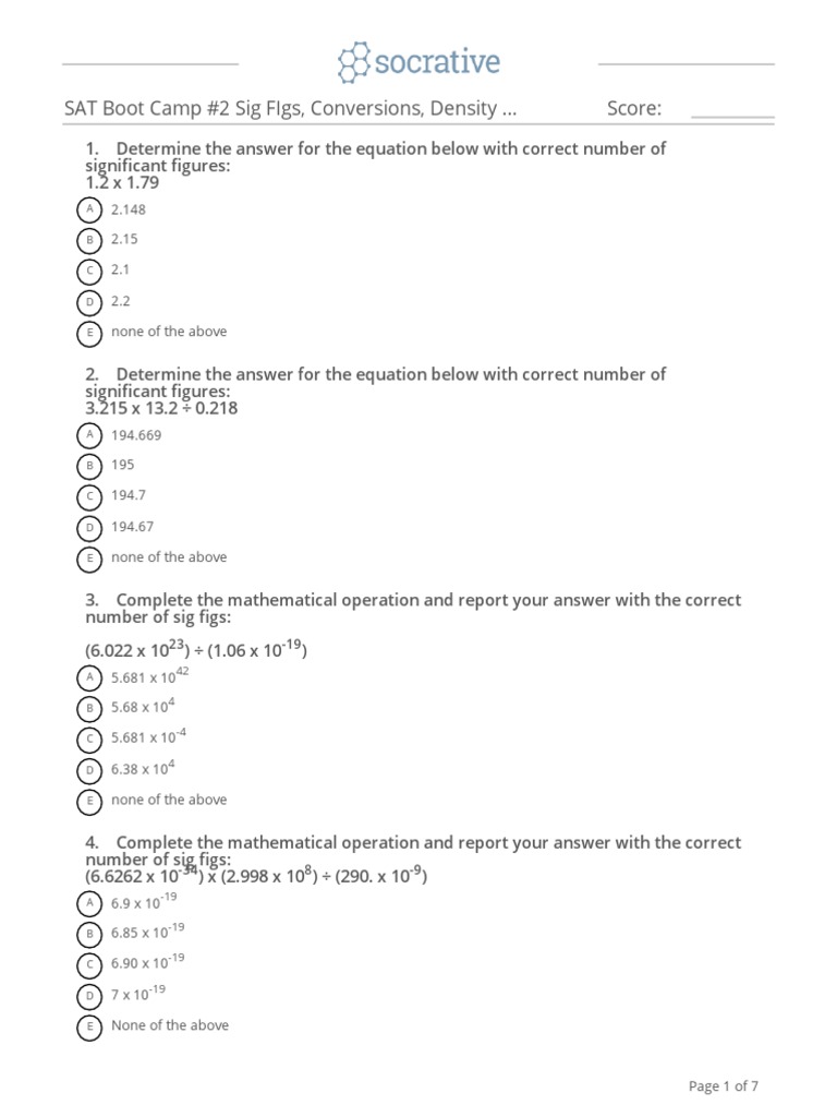 SAT Boot Camp: Sig Figs & Conversions | PDF | Significant Figures | Density
