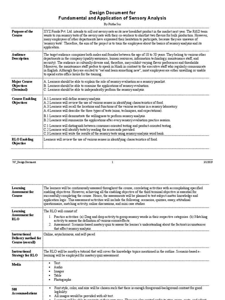 Design Document For Fundamental and Application of Sensory Analysis ...