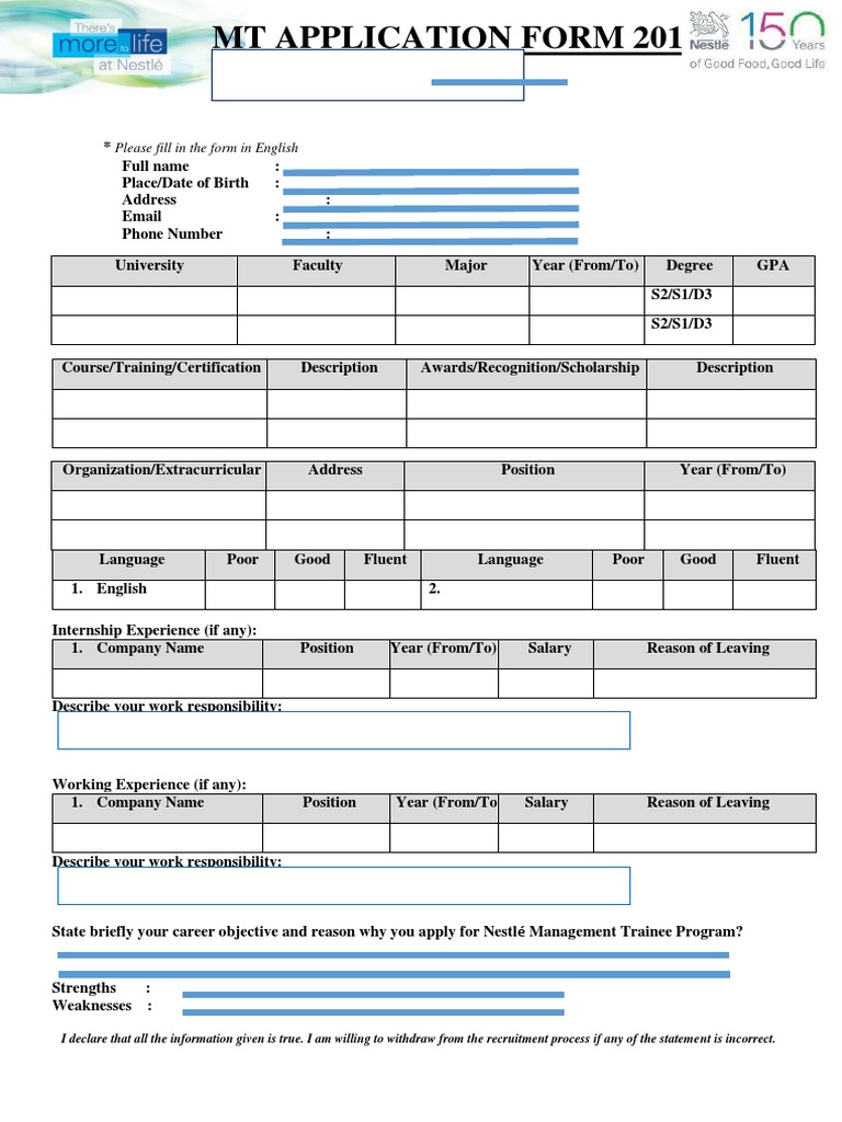 Nestlé MT Application Form 2016 | PDF | Business