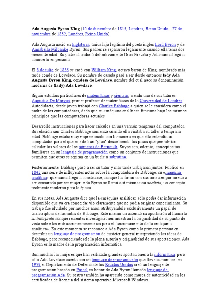 Ada Augusta Byron King | PDF | Enseñanza de matemática | Science