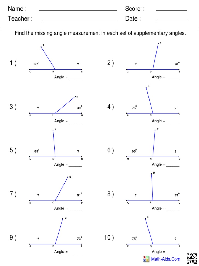 Name: Teacher: Date: Score:: Find the missing angle measurement in each ...