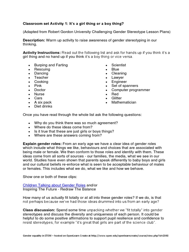 Classroom Activities On Gender Stereotypes and Equality PDF | Download ...