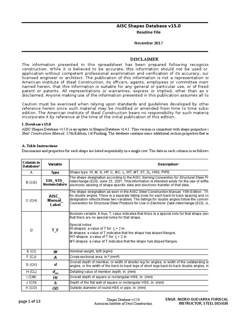 Aisc Shapes Database v15.0 | Databases | Geometry