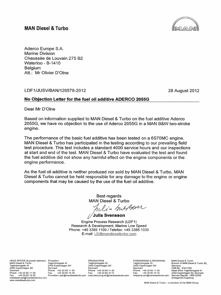 009 NOL MAN B&W Aderco 2055G Fuel Additive | PDF