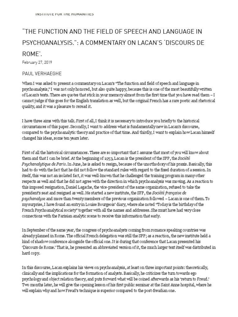 "The Function and The Field of Speech and Language in Psychoanalysis ...