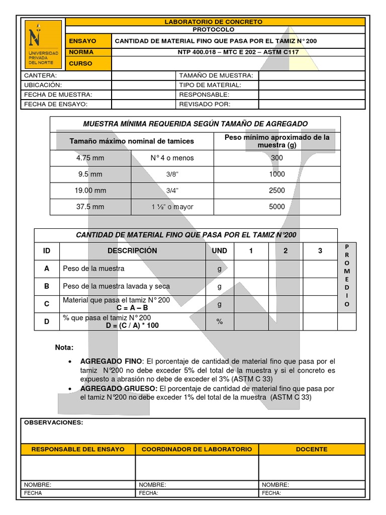 Ficha - Cantidad de Material Fino Que Pasa Por El Tamiz #200-1 - 294 ...