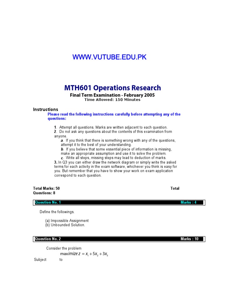 MTH601 Operations Research Exam 2005 | PDF | Systems Theory ...