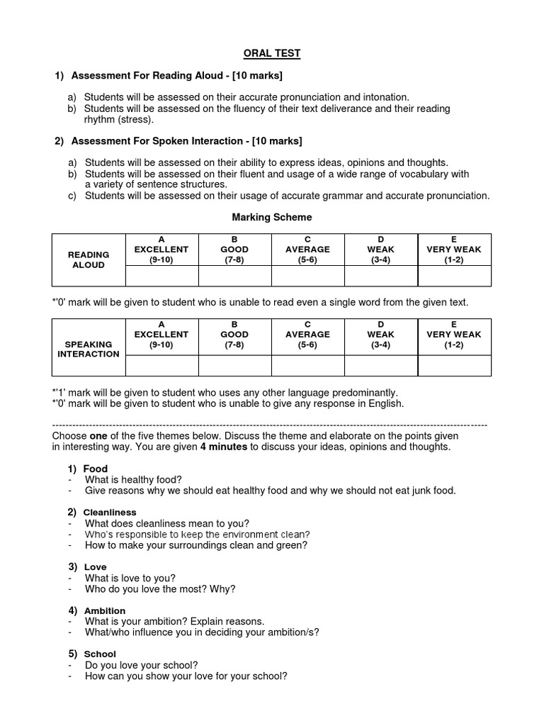 Oral Test 1) Assessment For Reading Aloud - (10 Marks) | Download Free ...