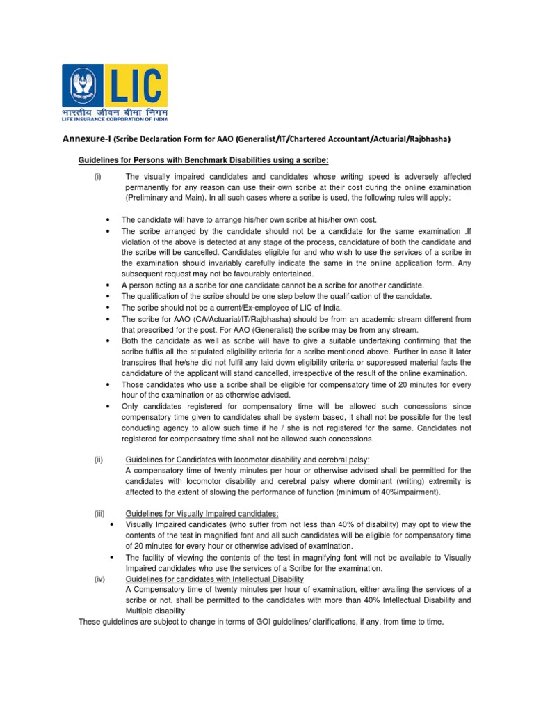 Annexure-I: (Scribe Declaration Form For AAO (Generalist/IT/Chartered ...
