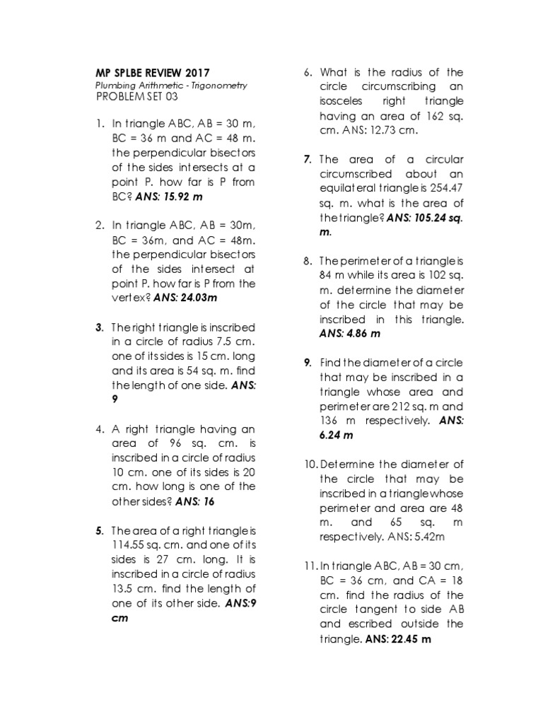 Problem Set 03 Trigo | PDF | Triangle | Area