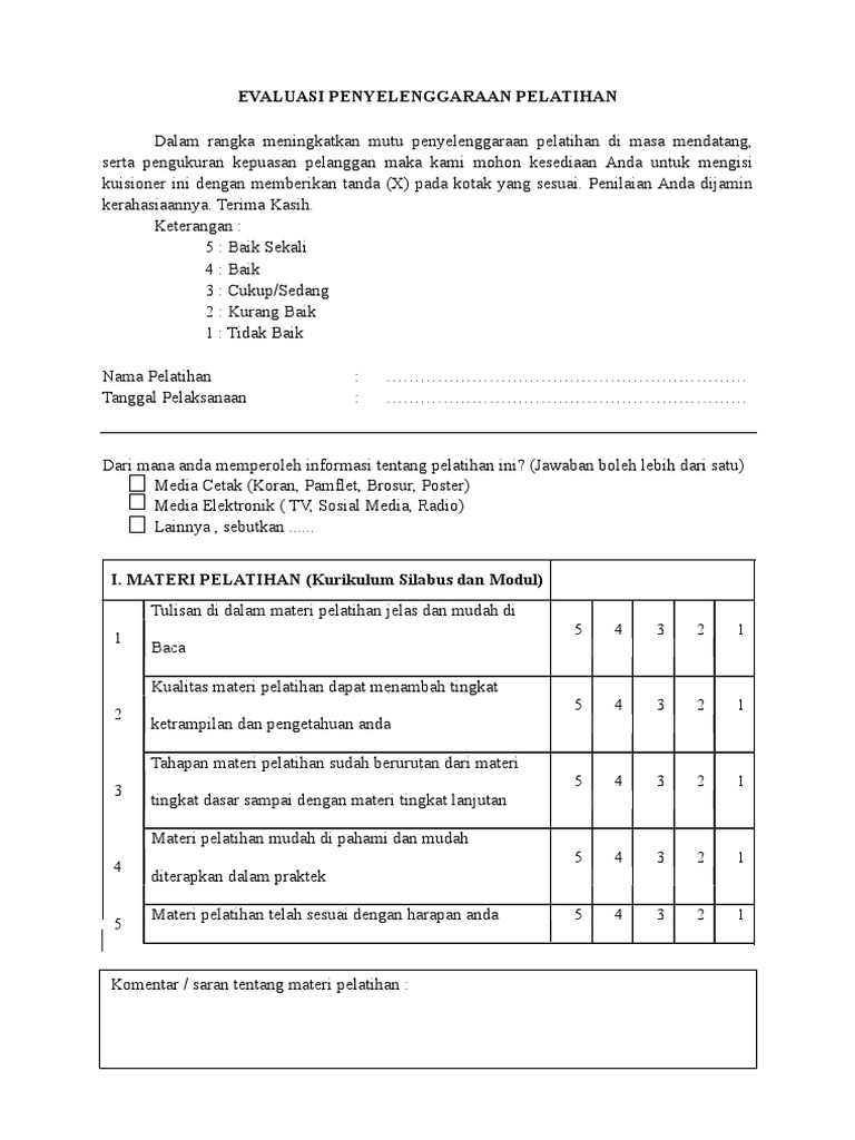Format Contoh Formulir Evaluasi Penyelenggaraan Pelatihan PDF | PDF Format Contoh Formulir Evaluasi Penyelenggaraan Pelatihan PDF | PDF