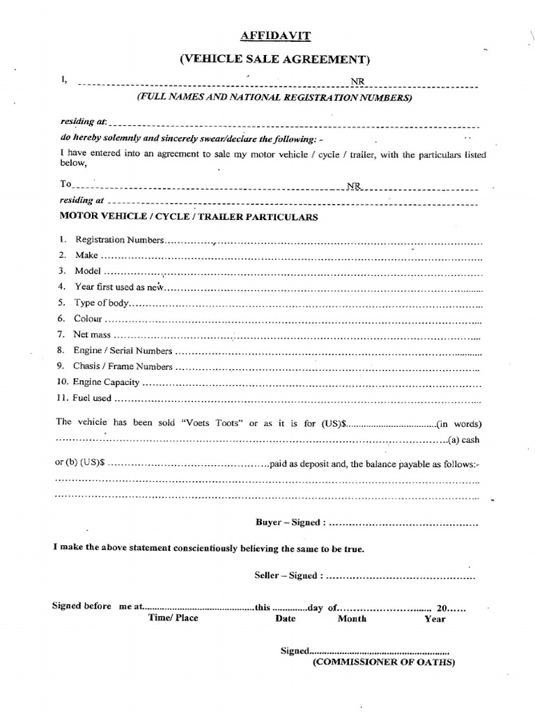 Affidavit Vehicle Sale Agreement