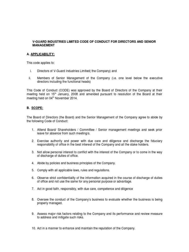 V-Guard Industries Limited Code of Conduct For Directors and Senior ...