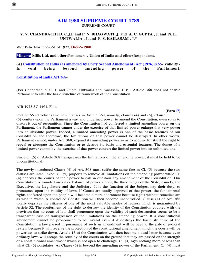 MINERVA MILLS Vs UNION OF INDIA PDF | PDF | Official Documents | Justice