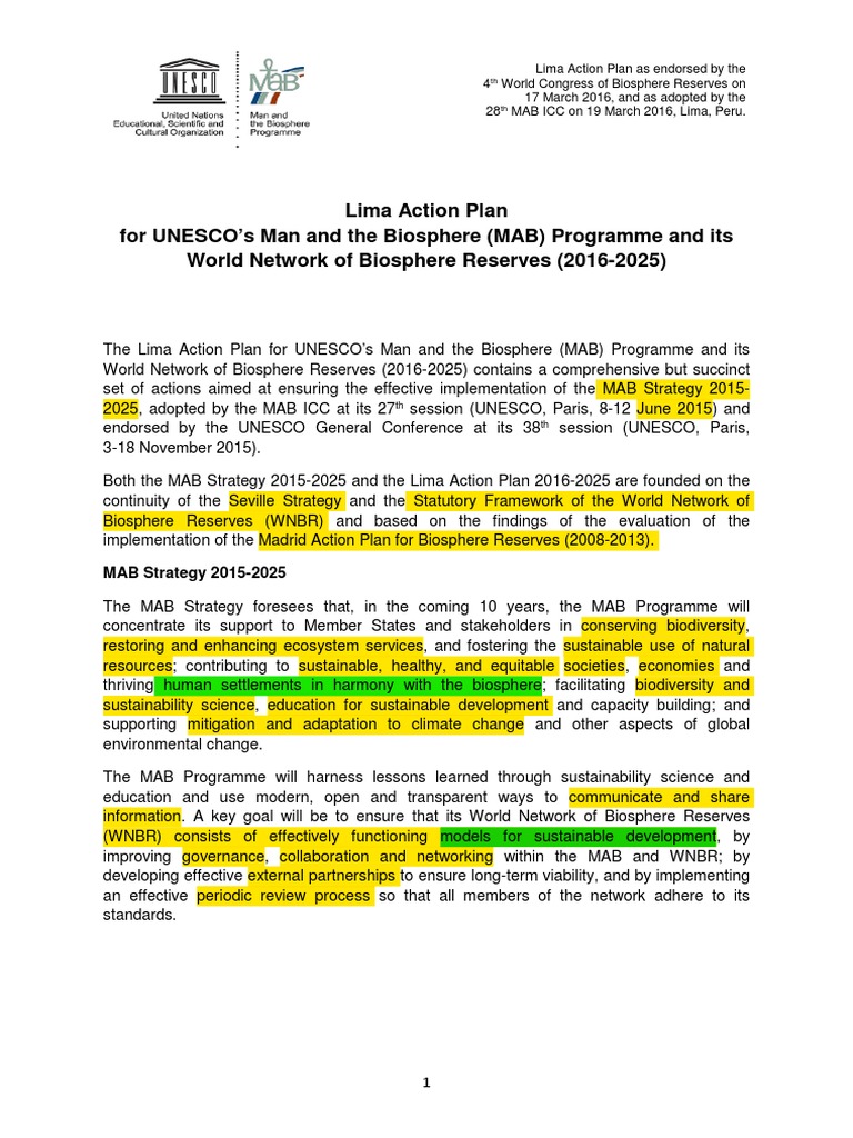 Lima Action Plan For UNESCO's Man and The Biosphere (MAB) Programme and ...