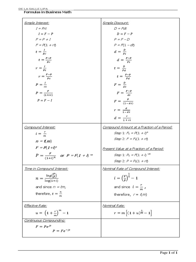 Business Math Formulas Overview | PDF | Compound Interest | Money