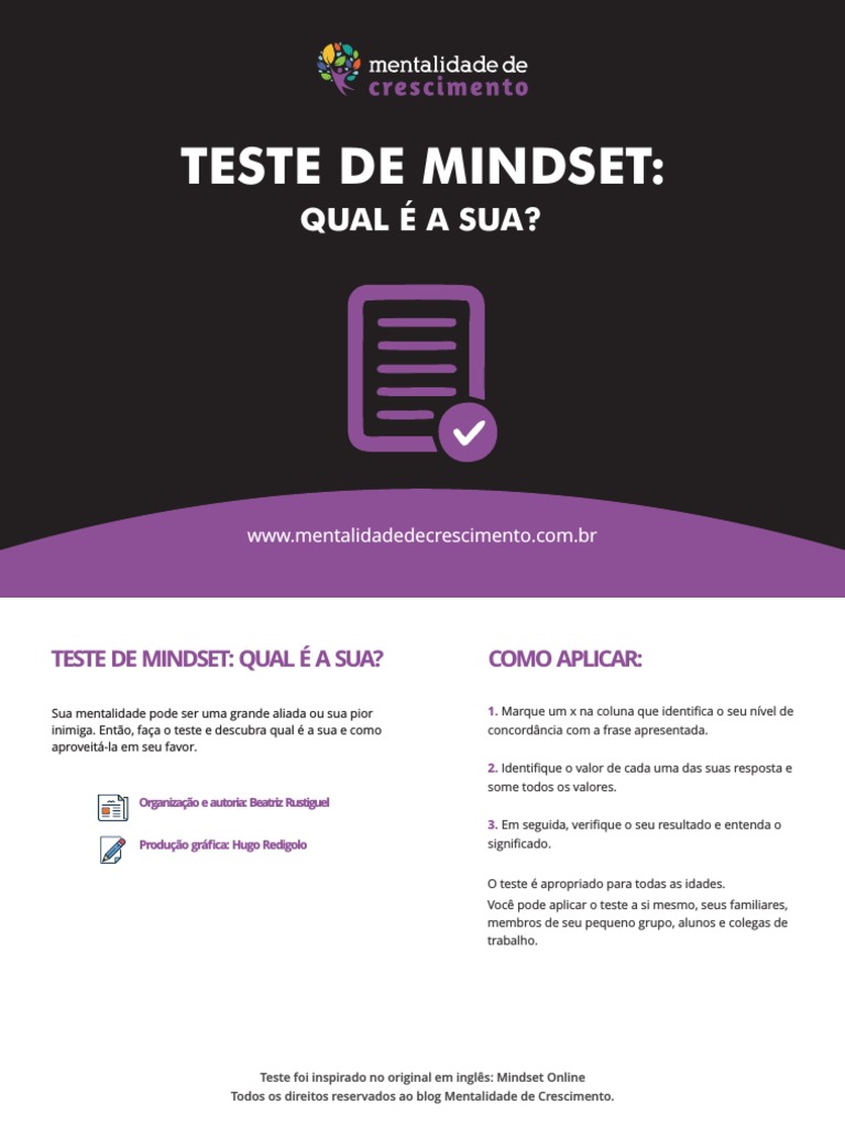Teste de Mindset Mentalidade de Crescimento PDF | PDF | Comentários ...