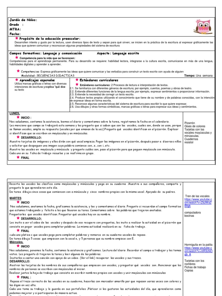 Planeacion Las Vocales | PDF | Educación de la primera infancia | Escritura