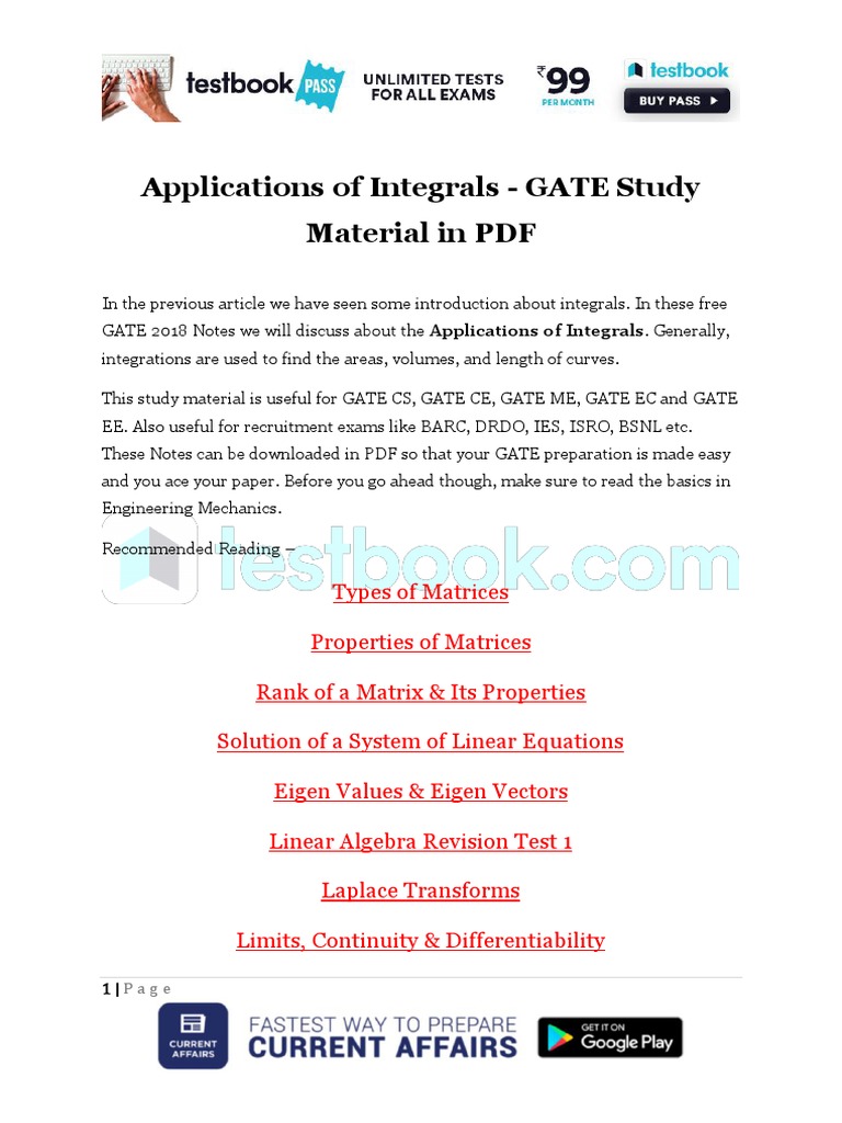 Applications of Integrals GATE Study Material in PDF 2 | PDF | Integral | Matrix (Mathematics)