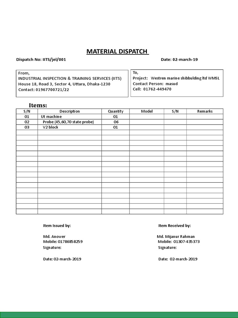 Material Dispatch Record 02-Mar-19 | PDF