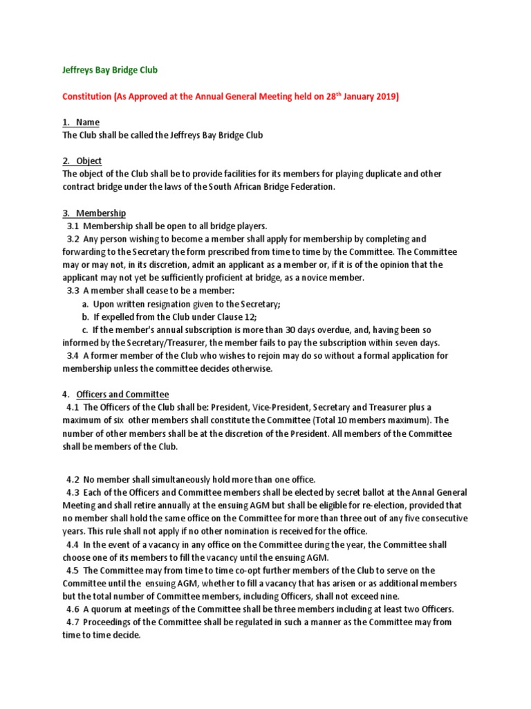 Jeffreys Bay Bridge Club Constitution | PDF | Quorum | Public Law