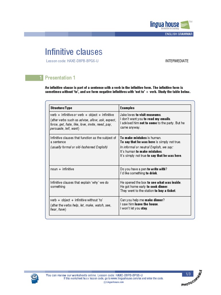 Infinitive Clauses PDF | PDF | English Grammar | Clause