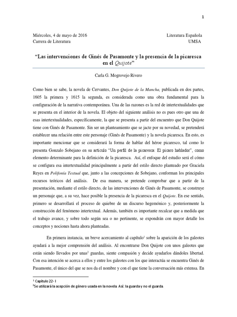 Las Intervenciones de Ginés de Pasamonte y La Picaresca en El Quijote ...