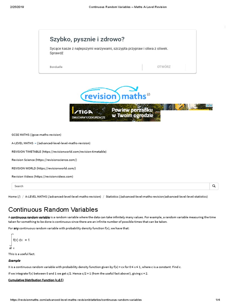 Continuous Random Variables - Maths A-Level Revision | PDF ...