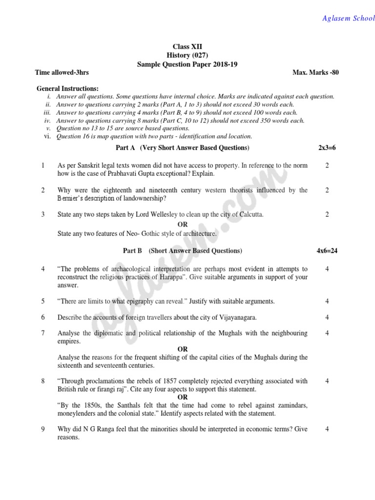 Class XII History (027) Sample Question Paper 2018-19: Aglasem School ...