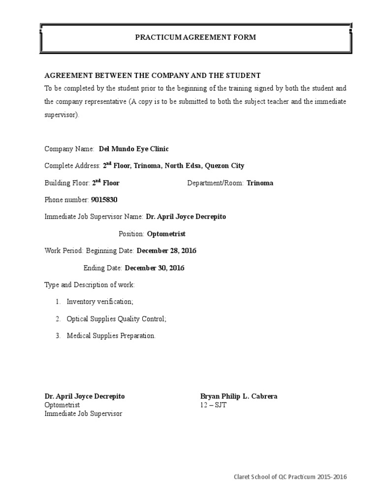 Practicum Agreement Form: Claret School of QC Practicum 2015-2016 | PDF | Optometry | Cognition