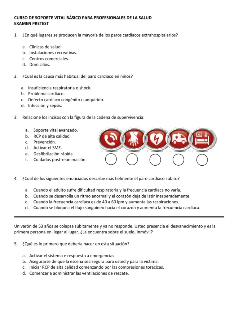 Exámen Pretest BLS - 2018 | PDF | Reanimación cardiopulmonar | Paro ...