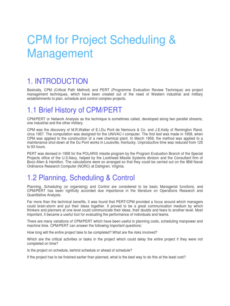 Cpm For Project Scheduling Management Pdf Business