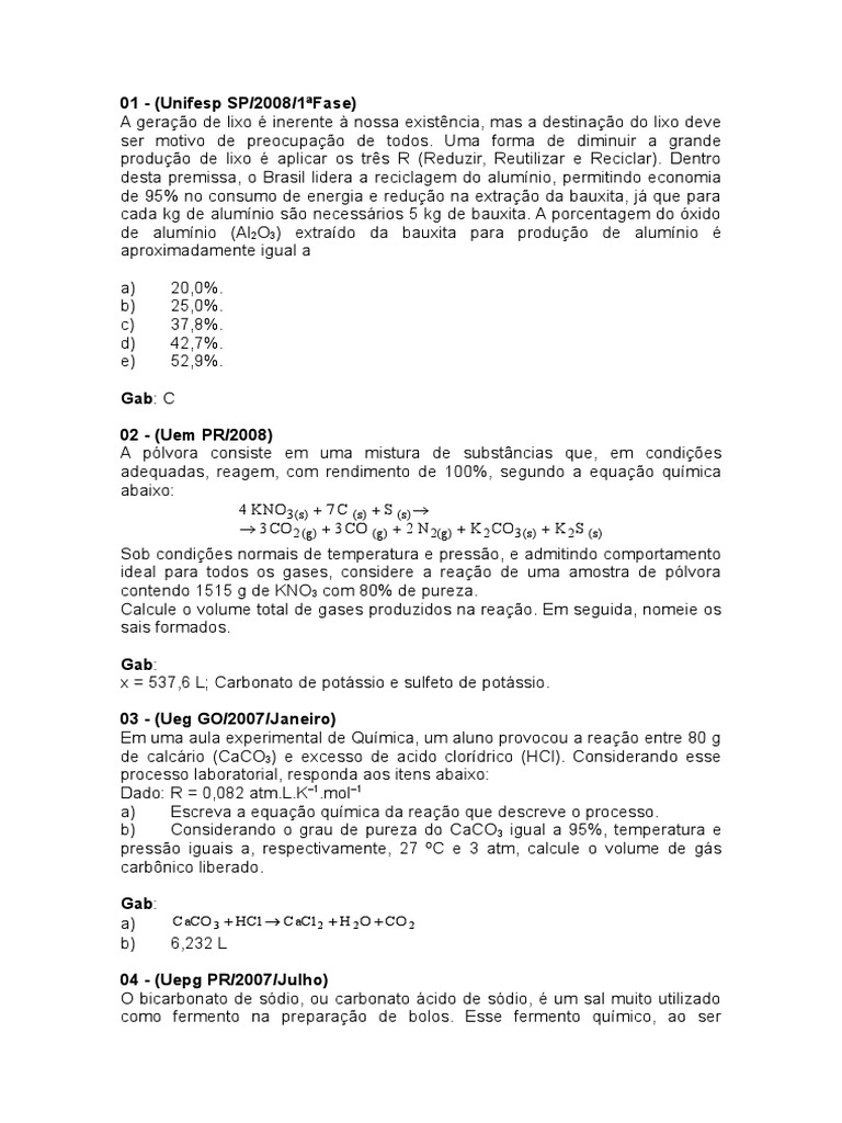 C Lculo Estequiom Trico - Pureza - 60 Questäes | PDF | Ferro | Cálcio