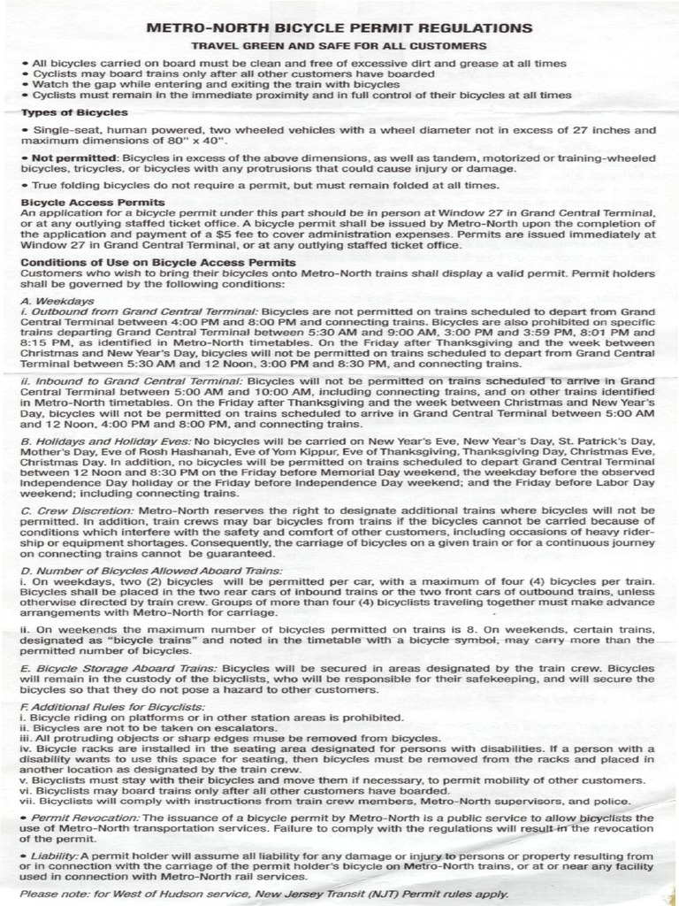 Metro-North Bicycle Permit Regulations | PDF | Rosh Hashanah | Land ...