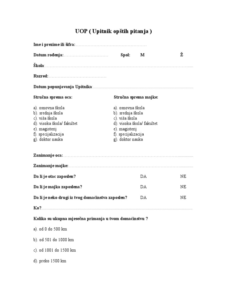 UOP (Upitnik Opštih Pitanja) | PDF