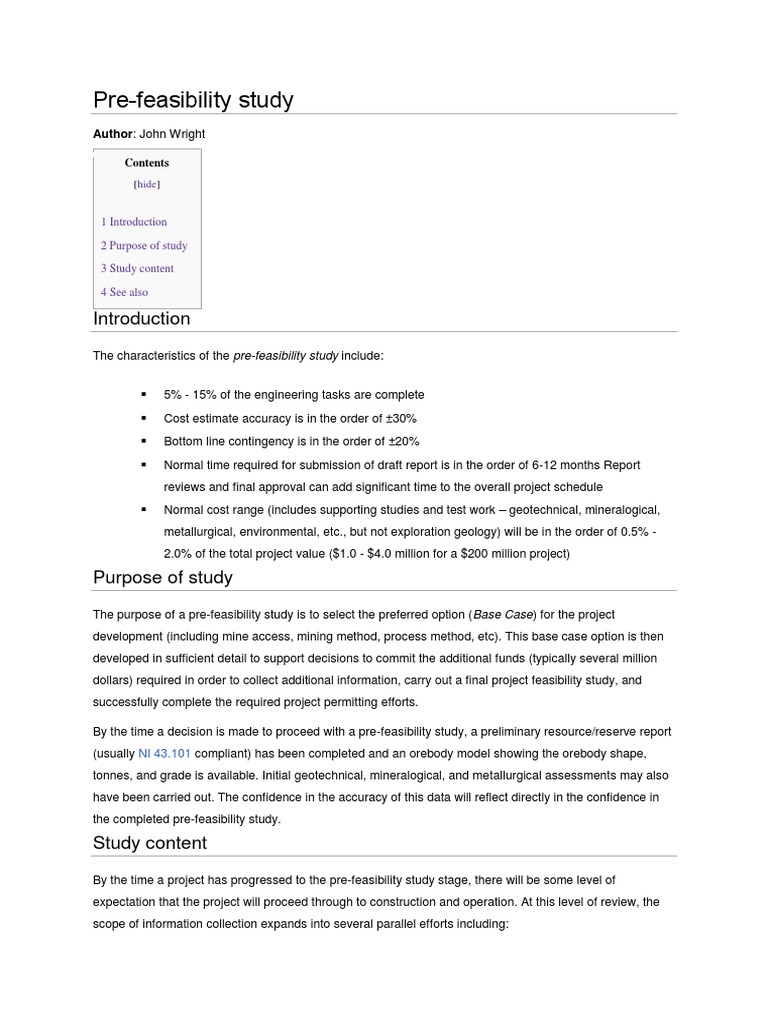 Pre Feasibility Study | PDF | Mining | Feasibility Study