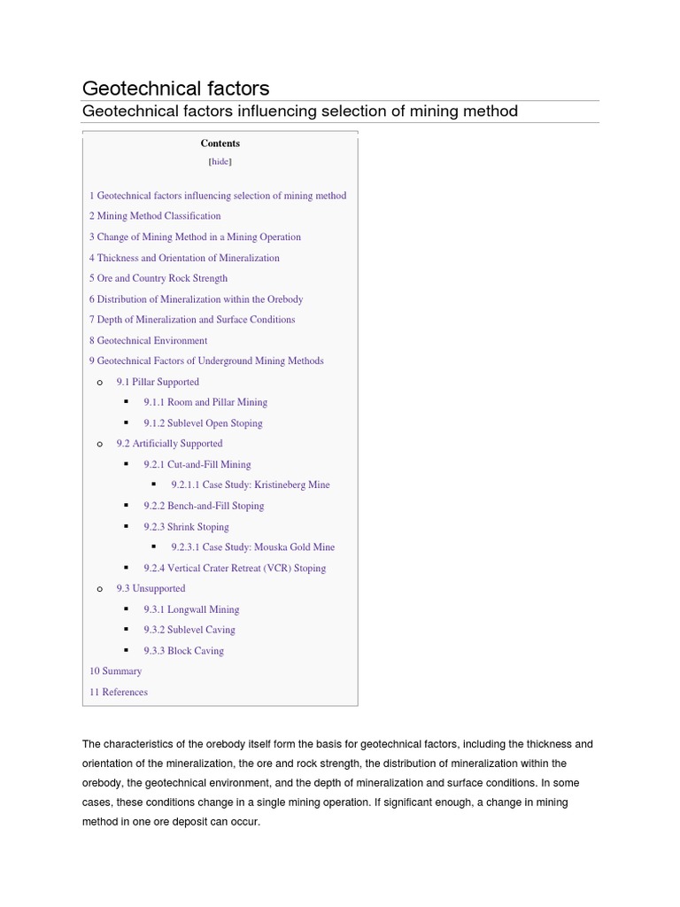 Geotechnical Factors Influencing Selection of Mining Method | PDF ...