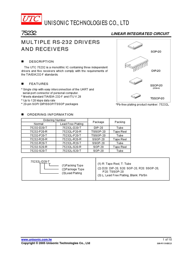 Unisonic Technologies Co., LTD: Multiple Rs-232 Drivers and Receivers ...