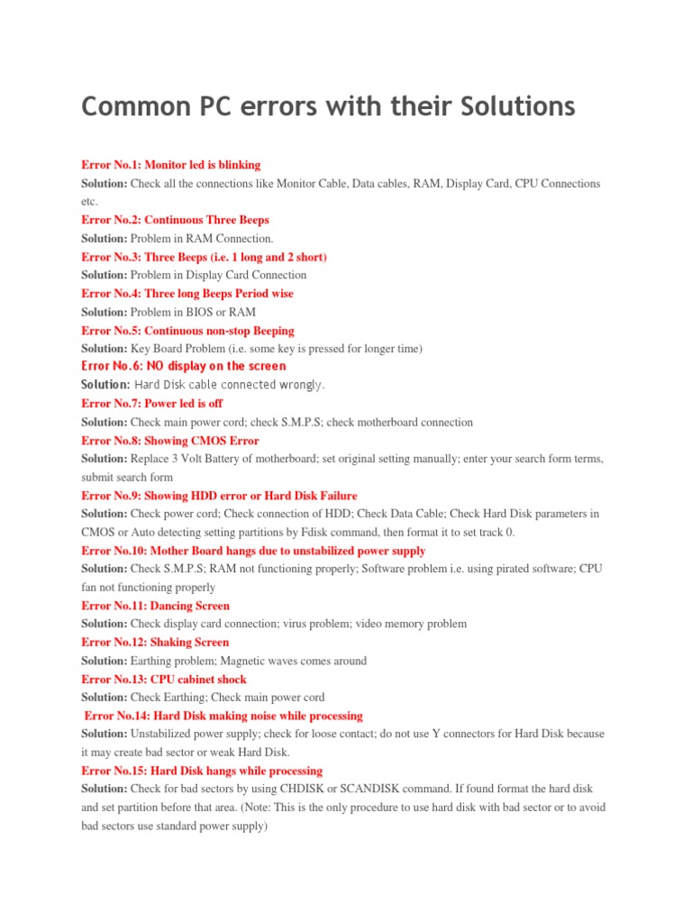 1.1 - Common PC Errors With Their | PDF | Personal Computers | Hard ...