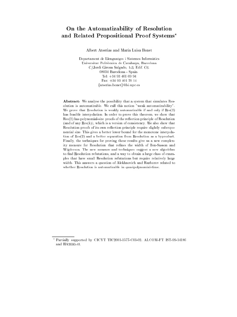 On The Automatizability of Resolution and Related Propositional Proof Systems | PDF | Time ...