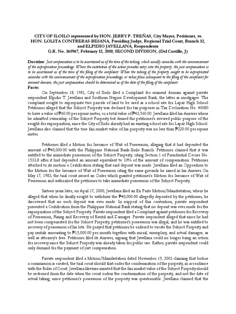 Just compensation determined by filing date of eminent domain complaint ...